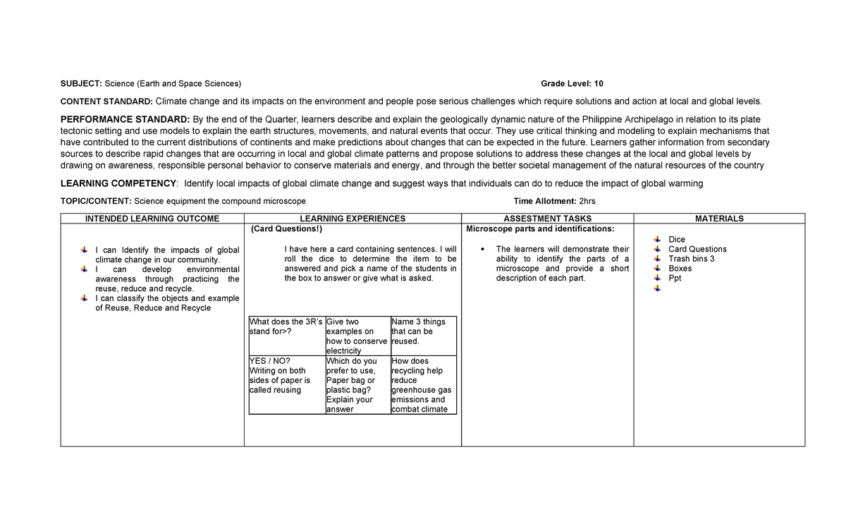 Teaching in science - ....... - SUBJECT: Science (Earth and Space ...