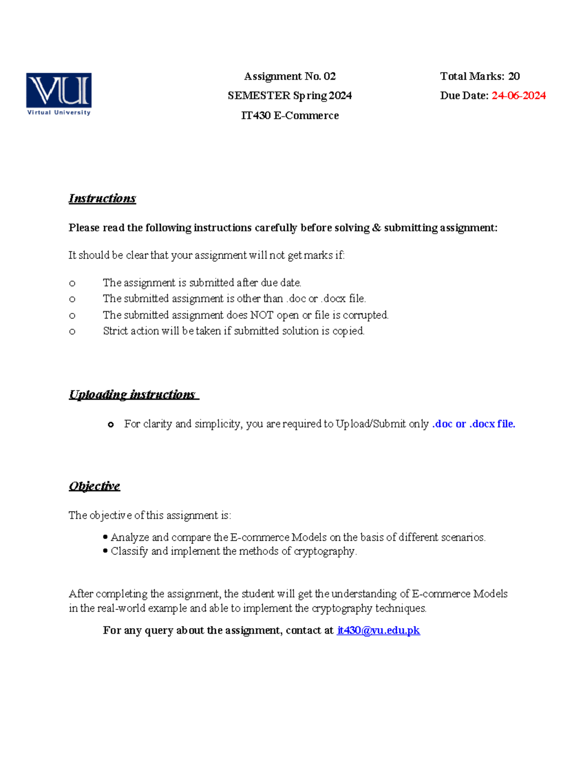 Spring 2024 IT430 2 - Assignment No. 02 SEMESTER Spring 2024 IT430 E-Commerce Total Marks: 20 ...