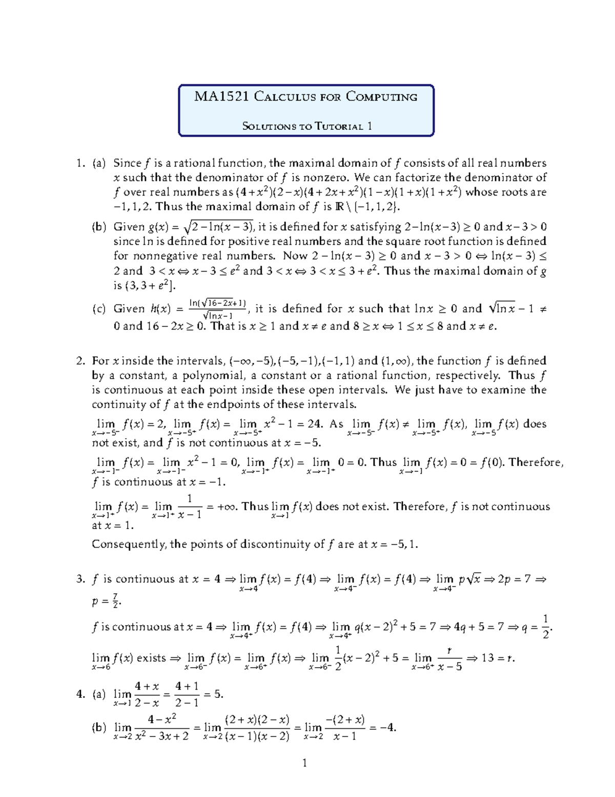 MA1521 Calculus for Computing Solution 1 Special - MA1521 Calculus for Computing Solutions to ...