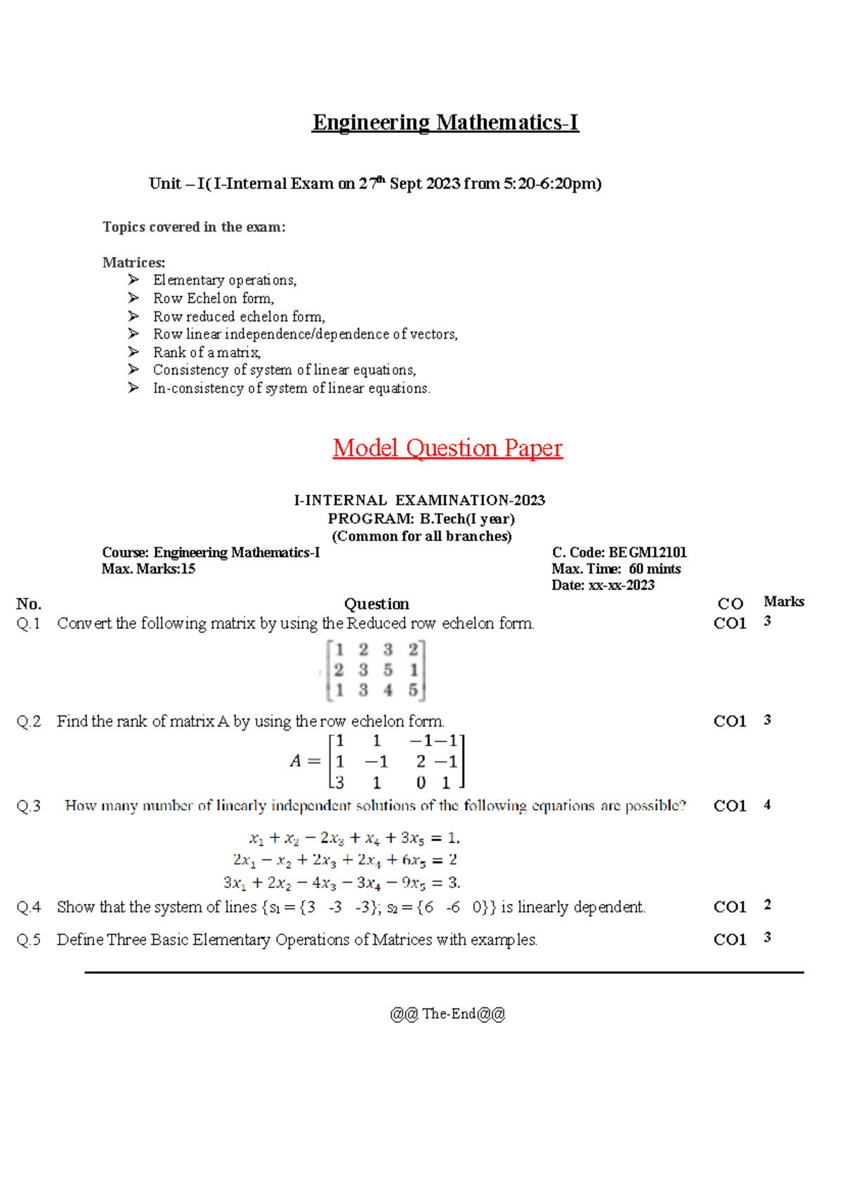Engineering Mathematics-Ist Internal Syllabus and Model Paper ...