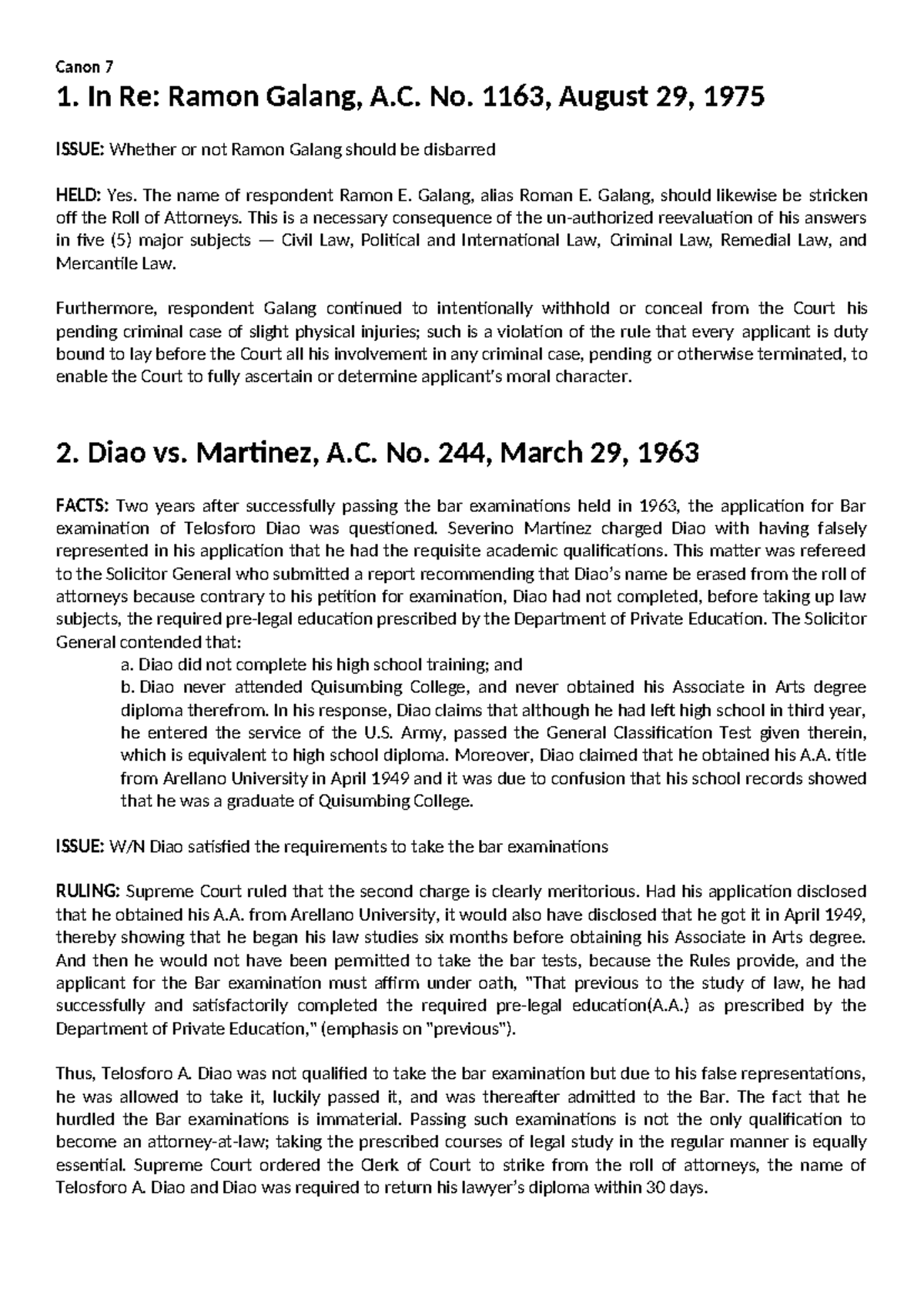 Canon 7 and 9 - Canon 7 1. In Re: Ramon Galang, A. No. 1163, August 29 ...