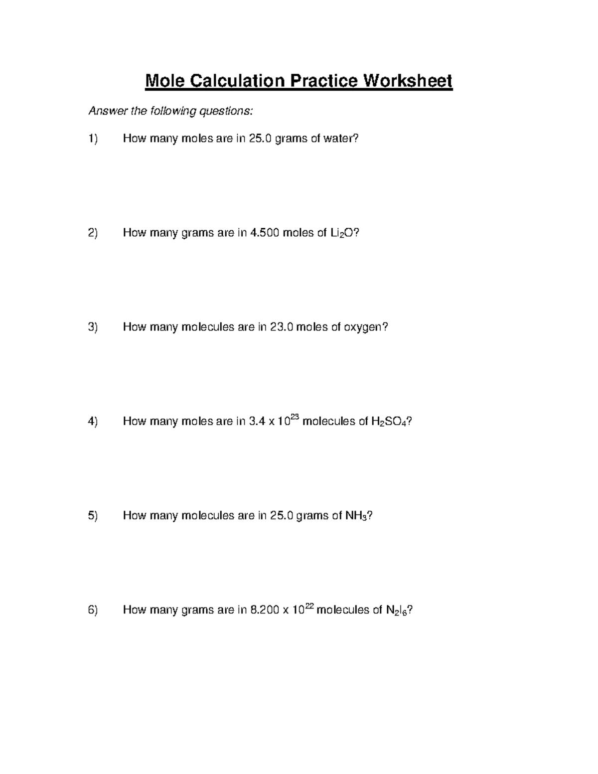 Mole Calculation Extra Pracice KEY Mole Calculation Practice