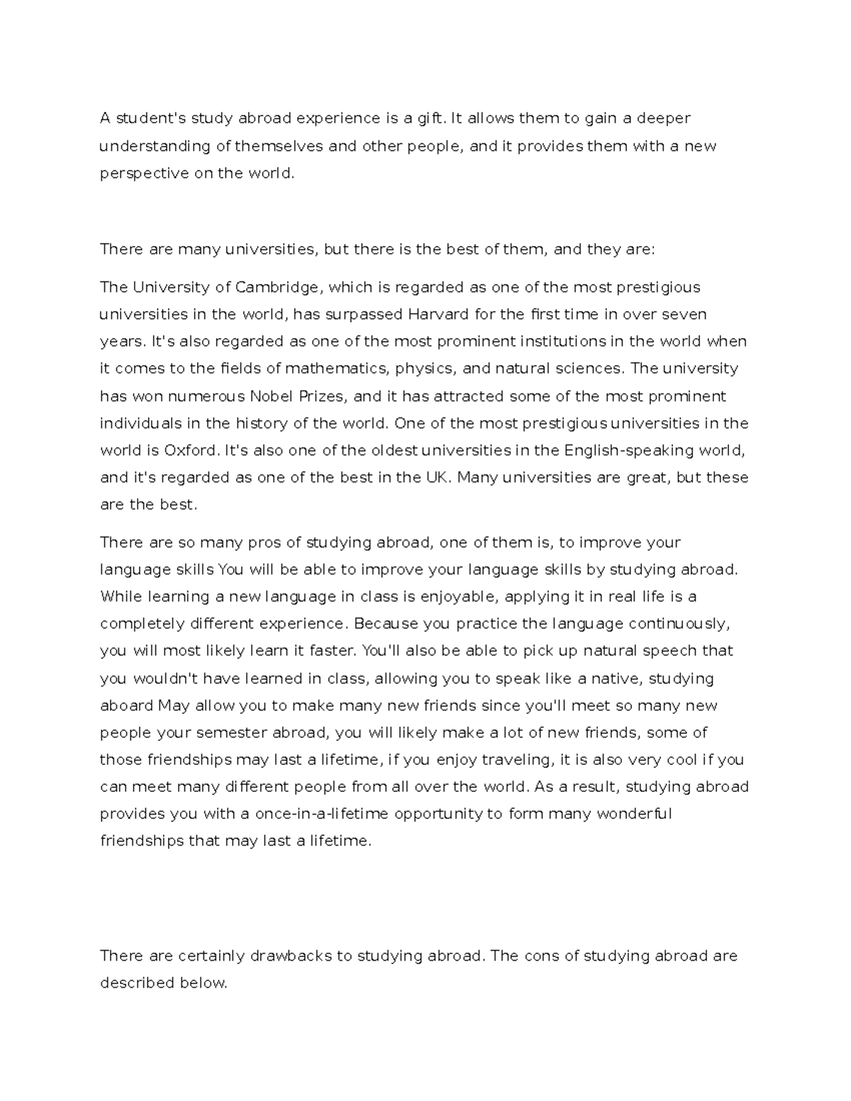 Essay - lkjhgfd - A student's study abroad experience is a gift. It ...