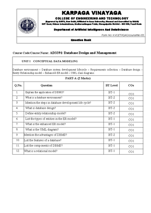 LAB Manual DDM - Important questions - AD8411 DATABASE DESIGN AND MANAGEMENT LABORATORY L T P C ...