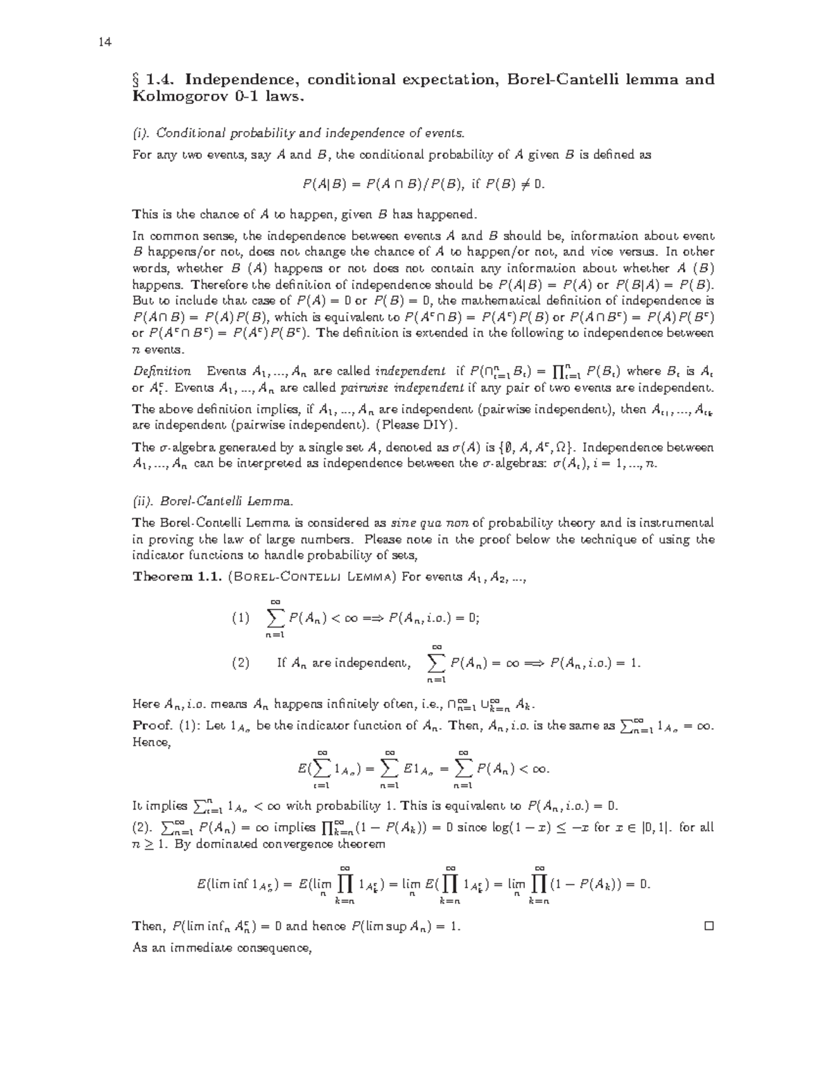 Chap1Sec4 - Kani Chen - 14 § 1. Independence, conditional expectation ...