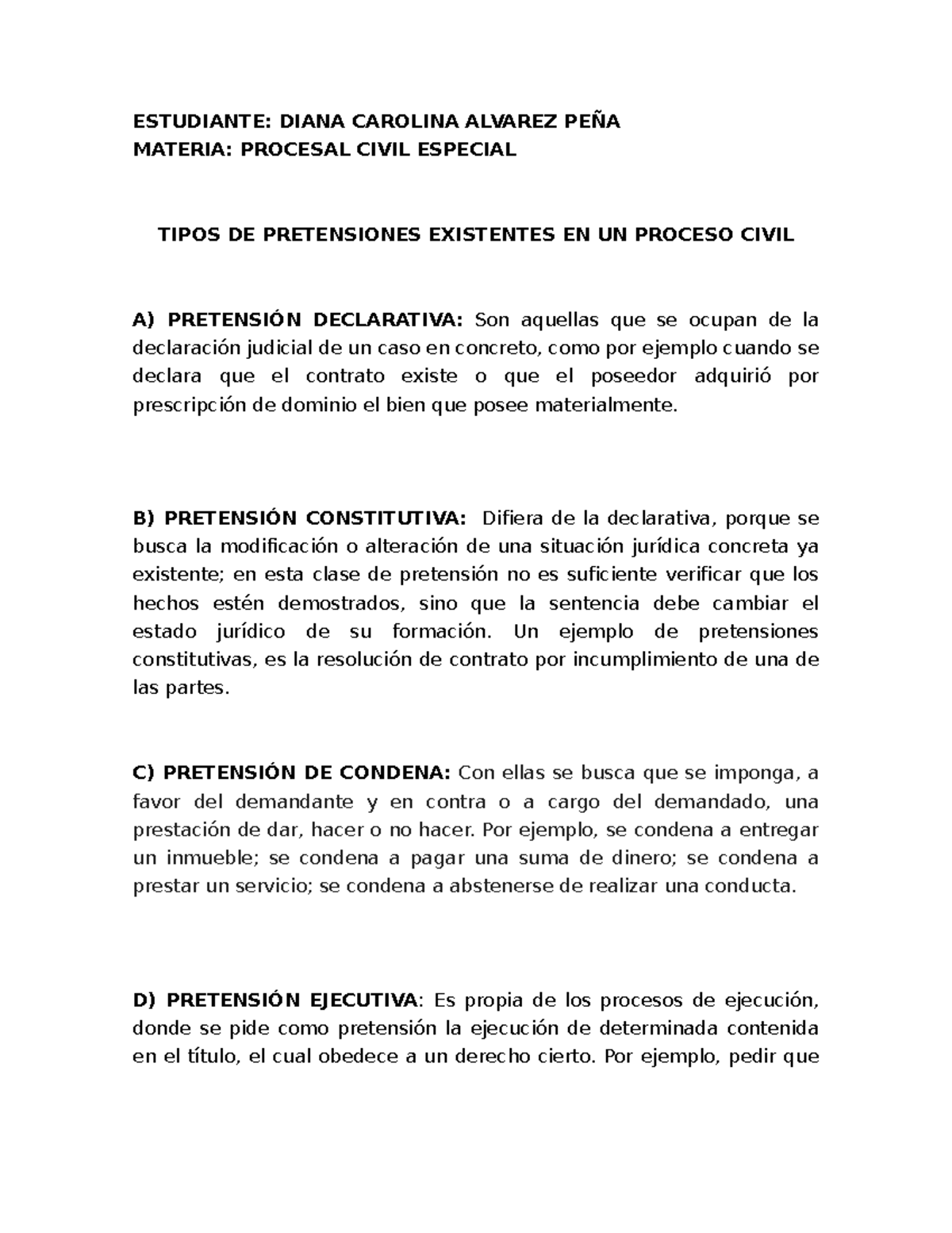 Tipos DE Pretensiones - ESTUDIANTE: DIANA CAROLINA ALVAREZ PEÑA MATERIA ...