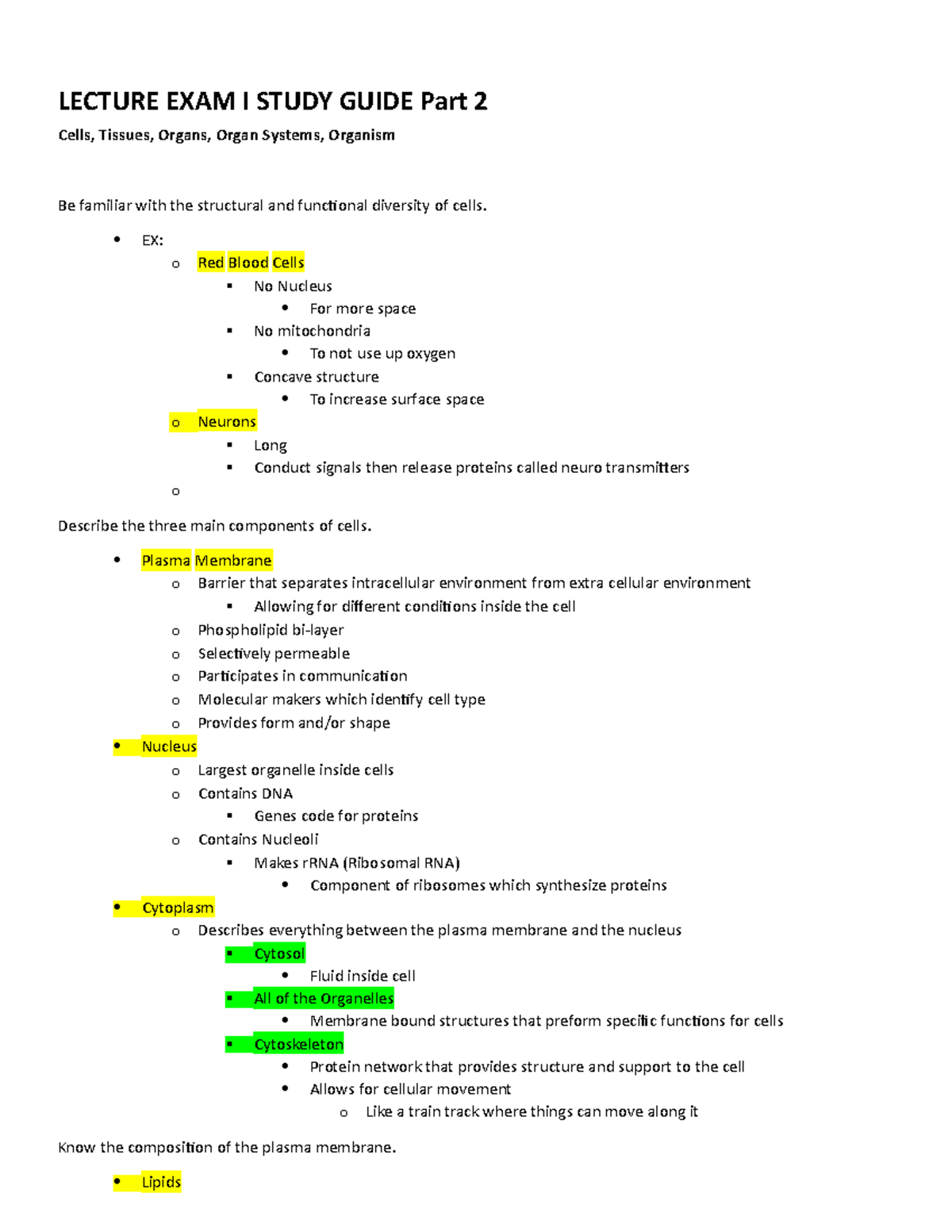 Lecture EXAM I Study Guide Part 2 - LECTURE EXAM I STUDY GUIDE Part 2 Cells, Tissues, Organs ...