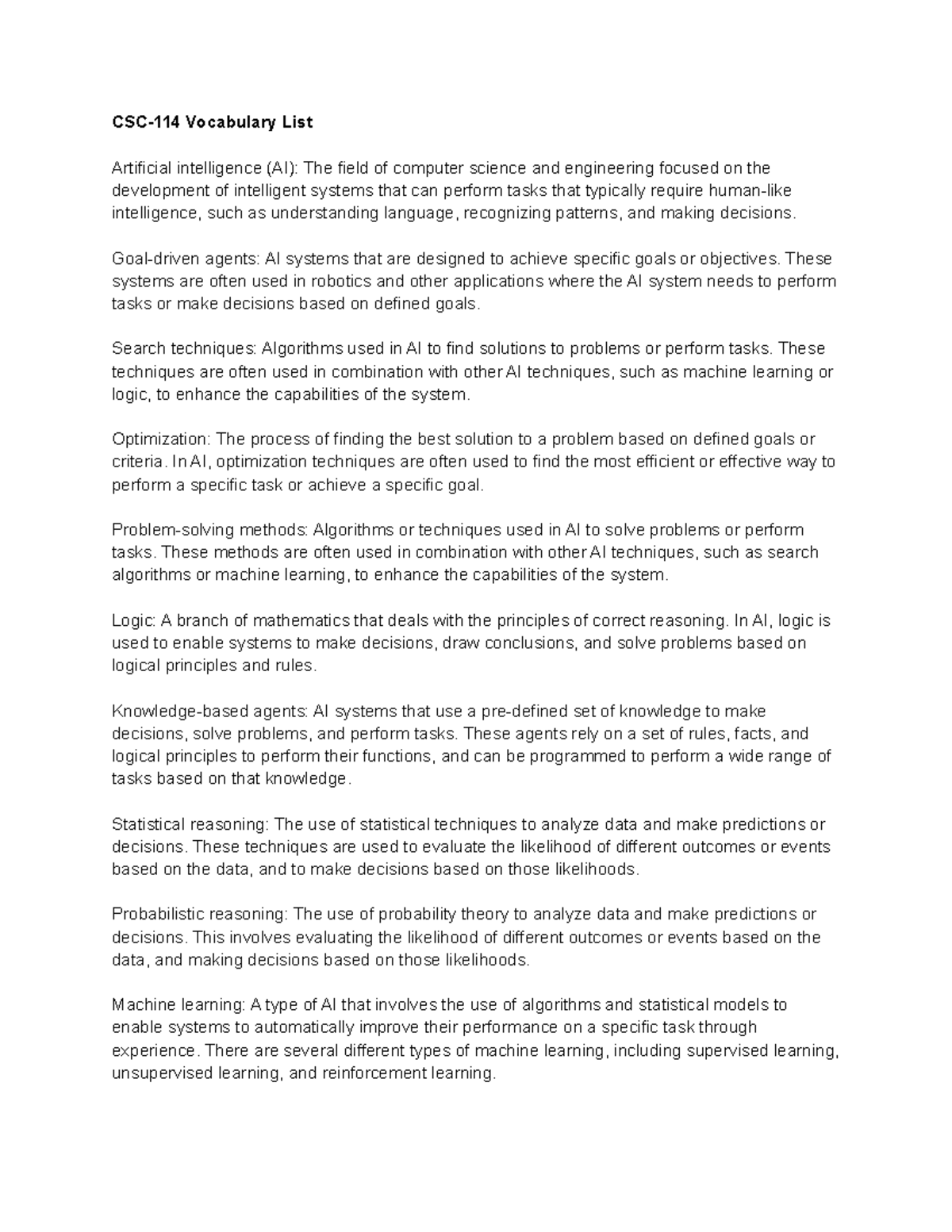 CSC-114 Artificial Intelligence I Vocabulary - CSC-114 Vocabulary List ...