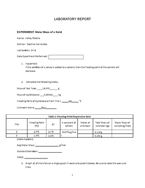 Molar mass of a solid lab calculations report - EXPERIMENT: Molar Mass of a Solid Name: Hailey ...