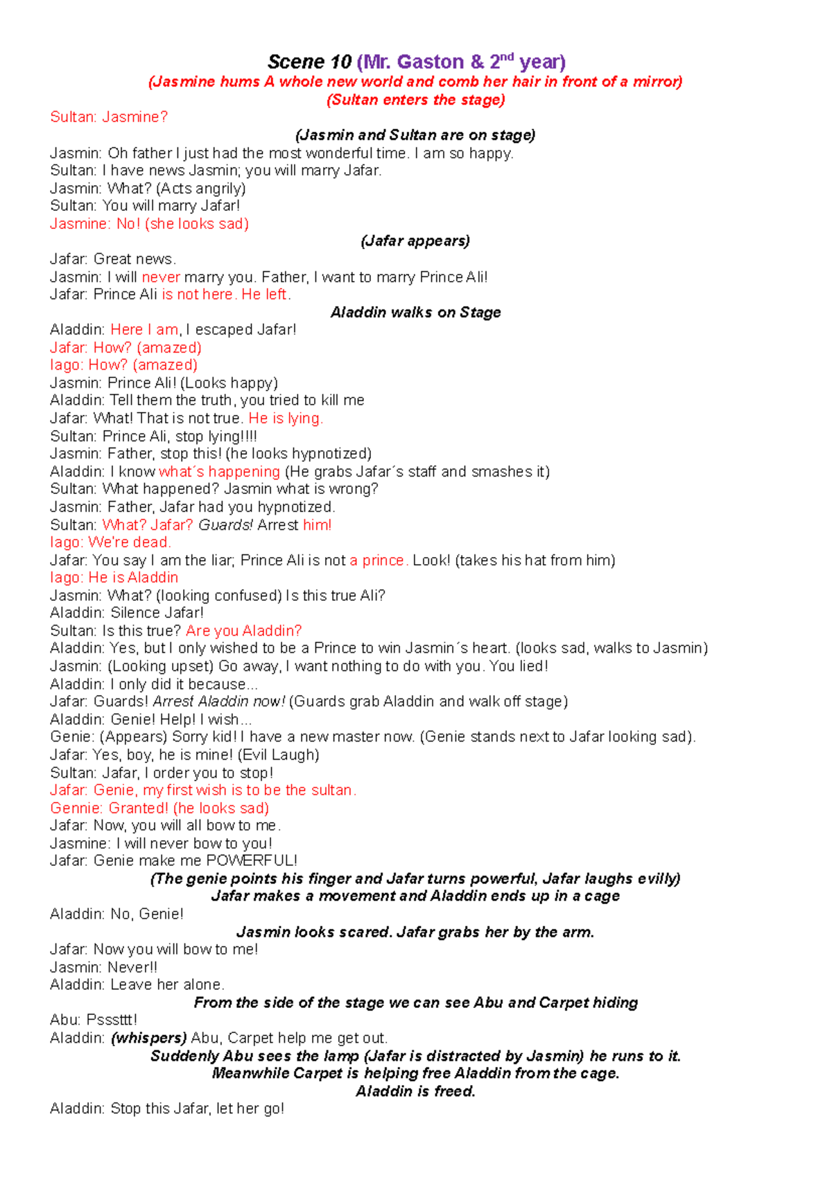 Aladdin - Scene 10 - 2nd year - Script - Scene 10 (Mr. Gaston & 2nd ...