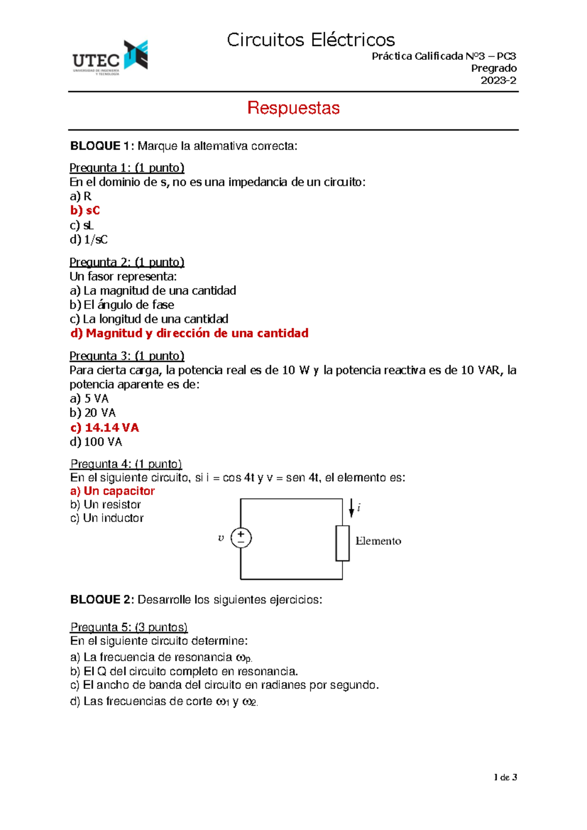 PC3 - Respuestas - Circuitos Eléctricos Práctica Calificada N° 3 – PC 3 Pregrado 2023 - 2 1 de 3 ...