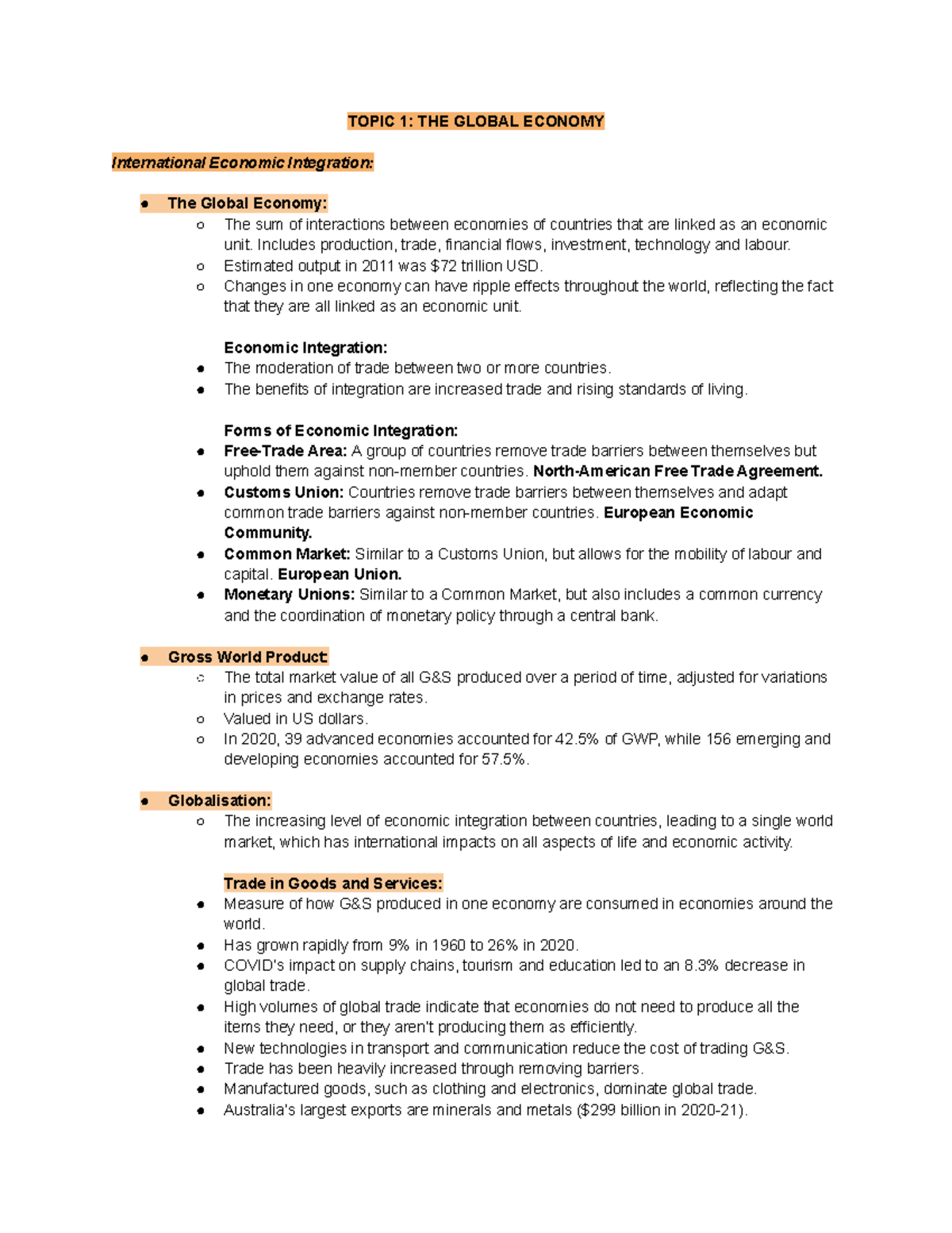 FULL SYLLABUS NOTES HSC Economics Topic 1 - TOPIC 1: THE GLOBAL ECONOMY ...