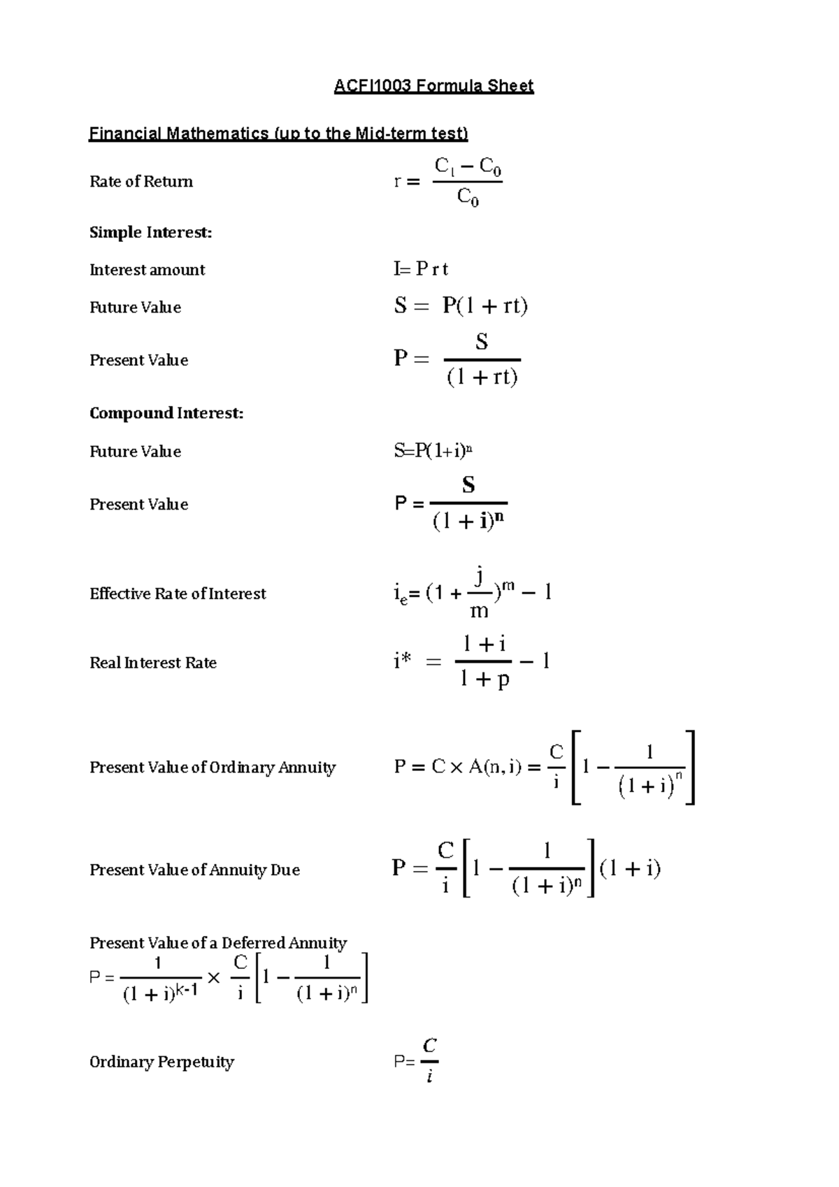 ACFI1003 Formula Sheet-1 - ACFI1003 Formula Sheet Financial Mathematics ...