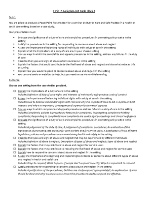 Full Unit 5 Assisgnment Guidance - Unit 5- Meeting Individual Care and Support Needs Full Unit ...