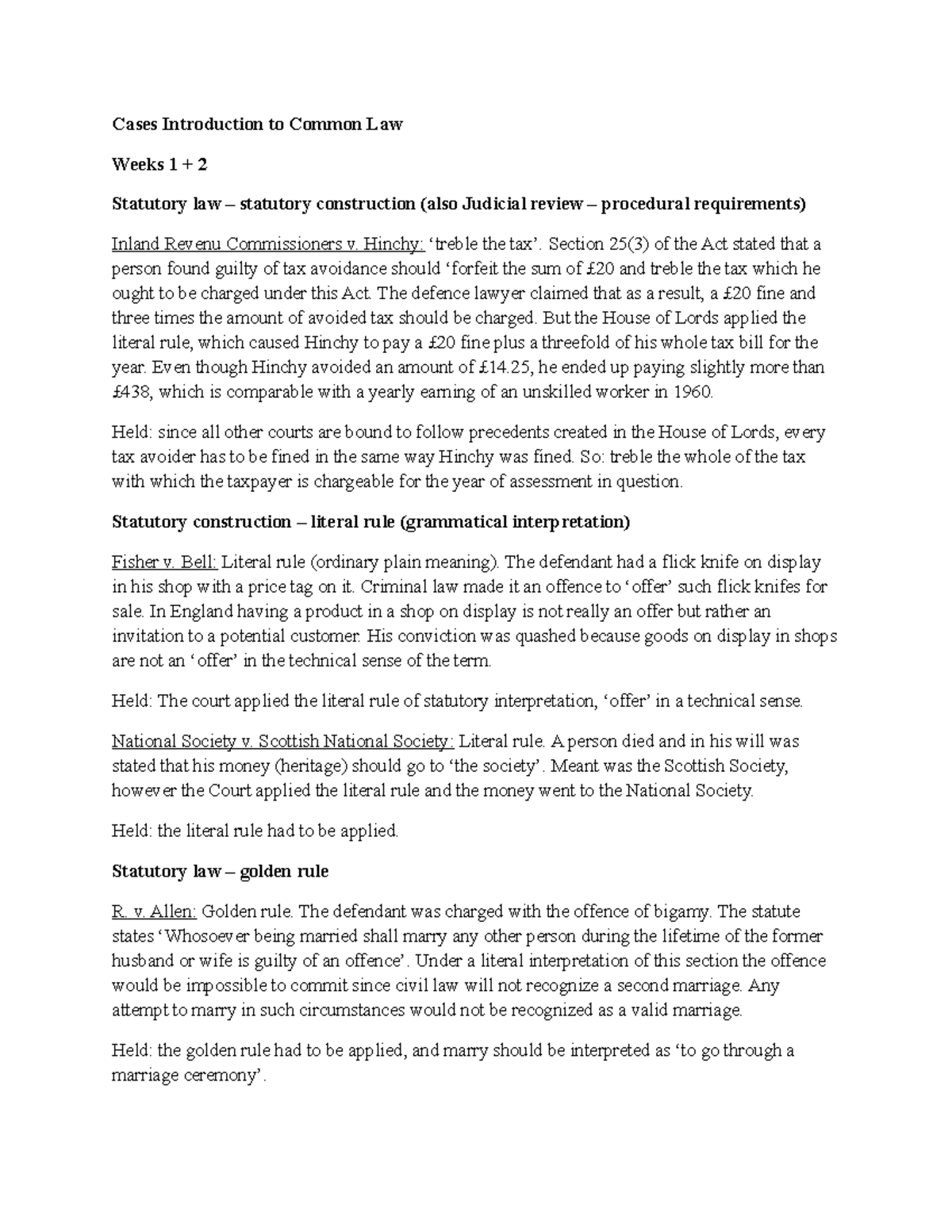mandatory cases - Cases Introduction to Common Law Weeks 1 + 2 ...