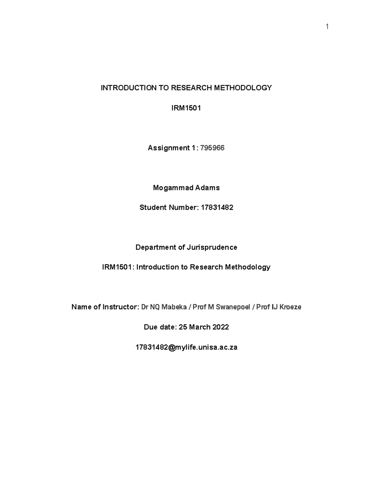 IRM1501 - Assignment 1 - 795966 M Adams 17831482 - INTRODUCTION TO ...