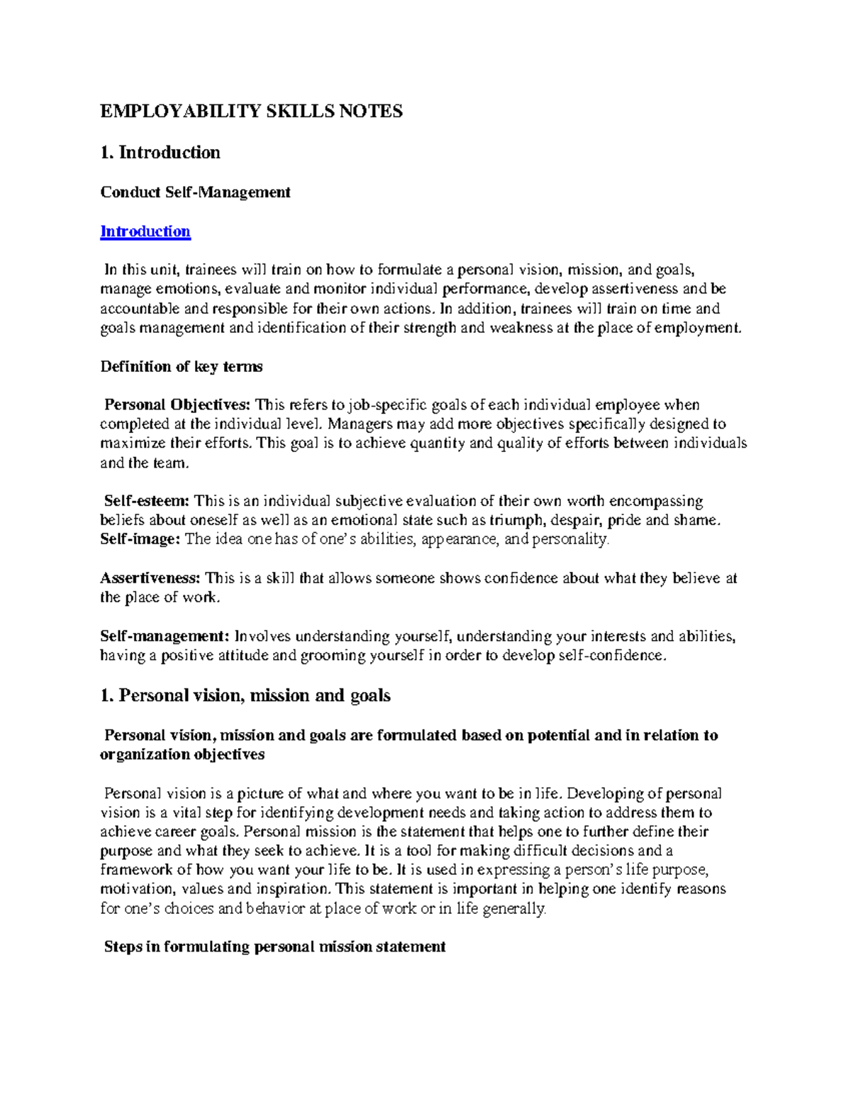 Employability Skills - EMPLOYABILITY SKILLS NOTES 1. Introduction ...