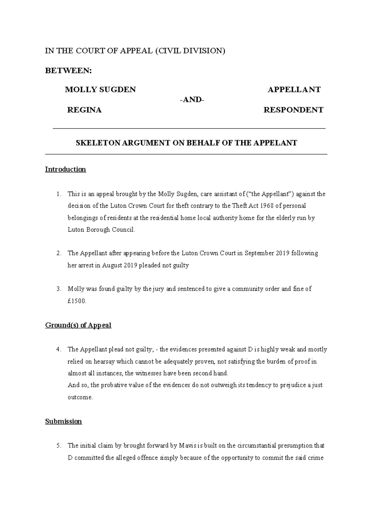Skeleton Argument draft - IN THE COURT OF APPEAL (CIVIL DIVISION ...