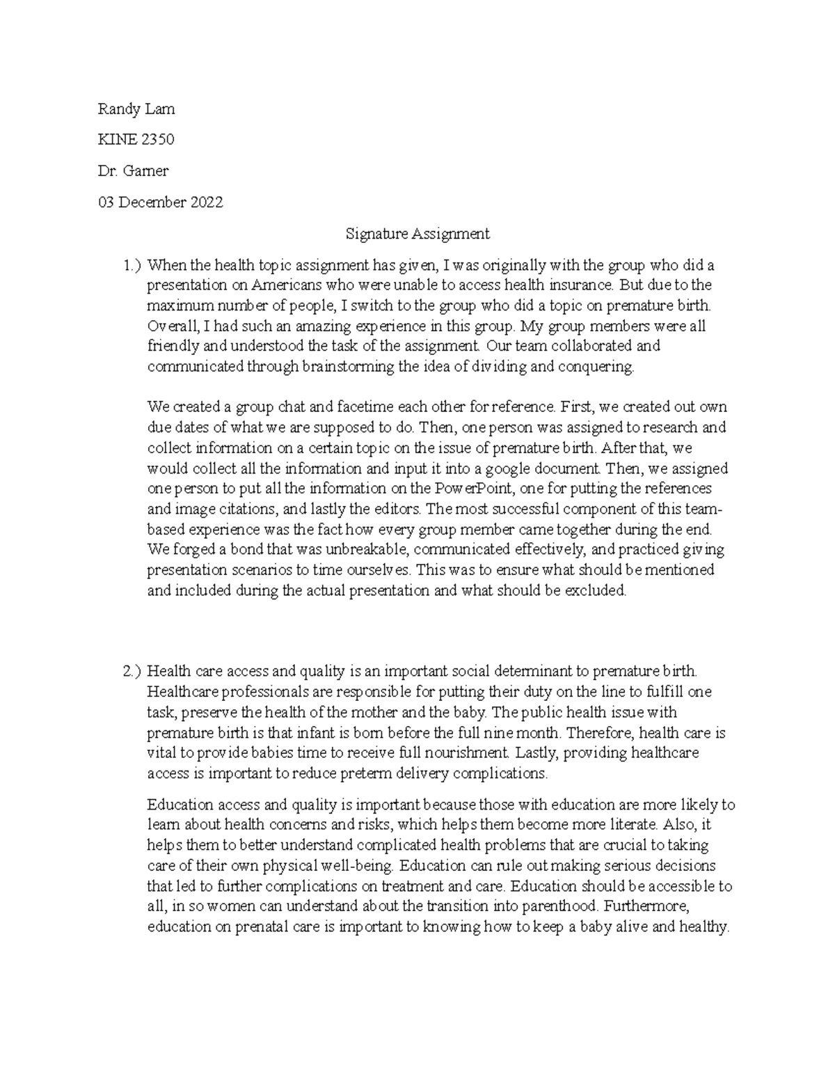 Signature Assignment Final Reflection - Randy Lam KINE 2350 Dr. Garner ...