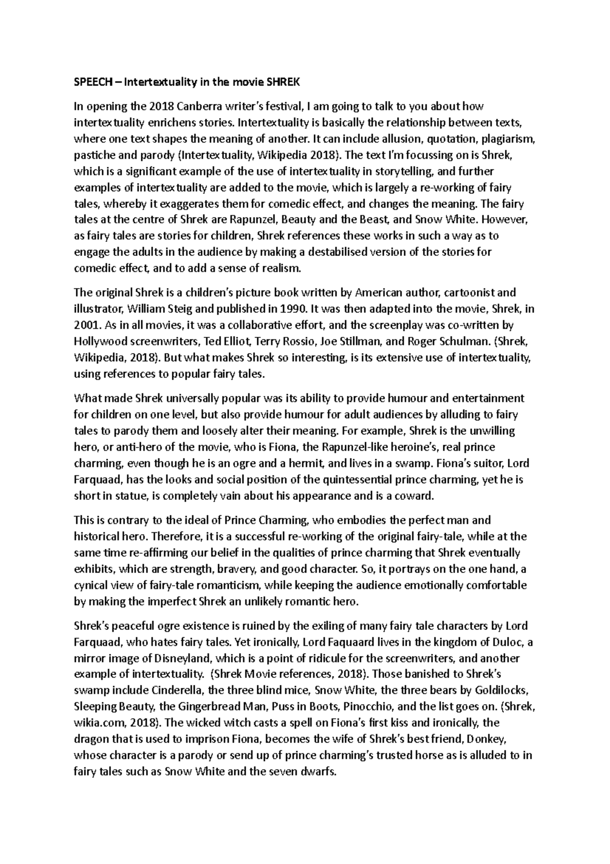 History Essay shrek - SPEECH – Intertextuality in the movie SHREK In ...