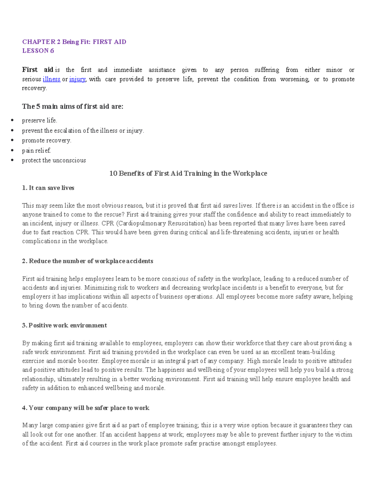 G11 Lesson 6 - good frades - CHAPTER 2 Being Fit: FIRST AID LESSON 6 ...