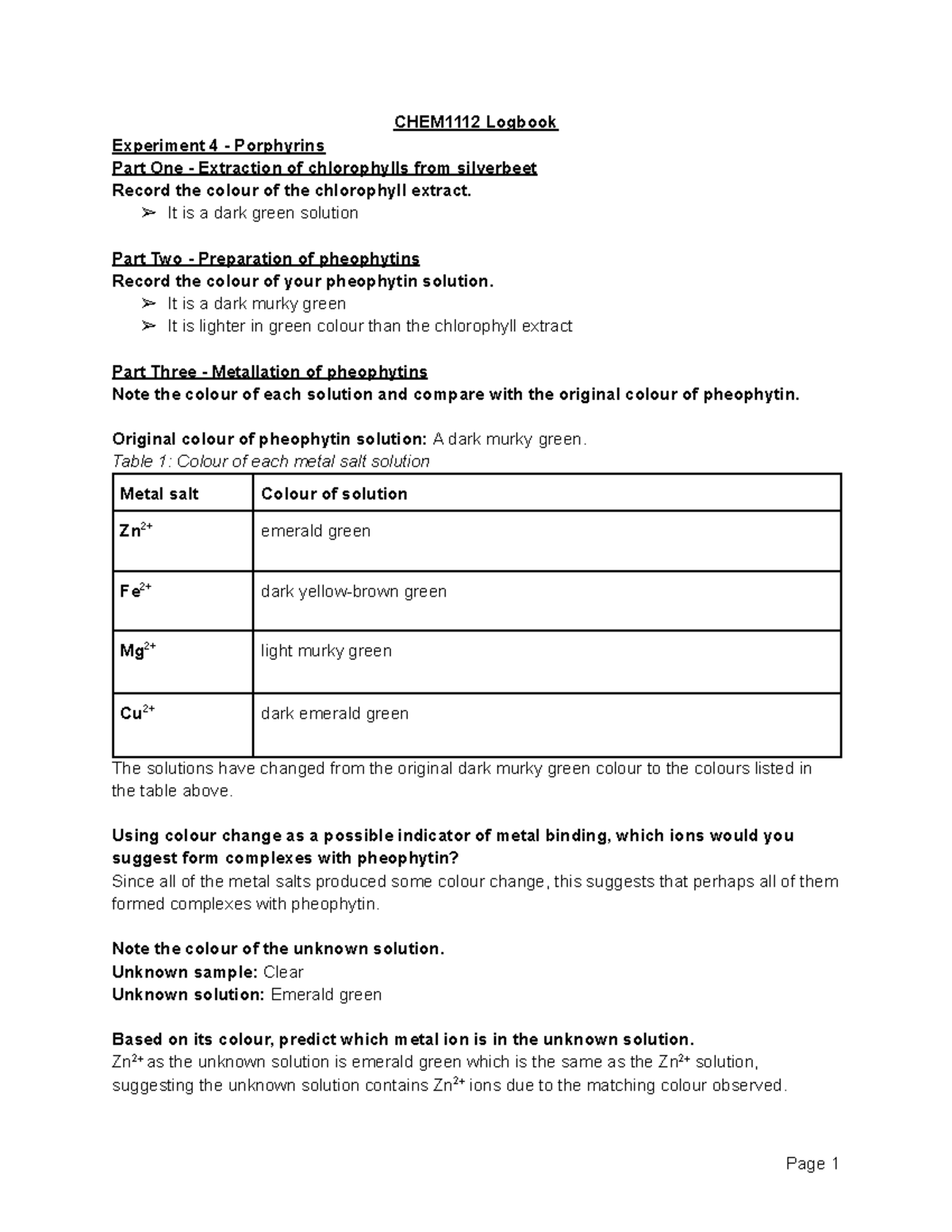 Exp 4 logbook - CHEM1112 Logbook Experiment 4 - Porphyrins Part One - Extraction of chlorophylls ...