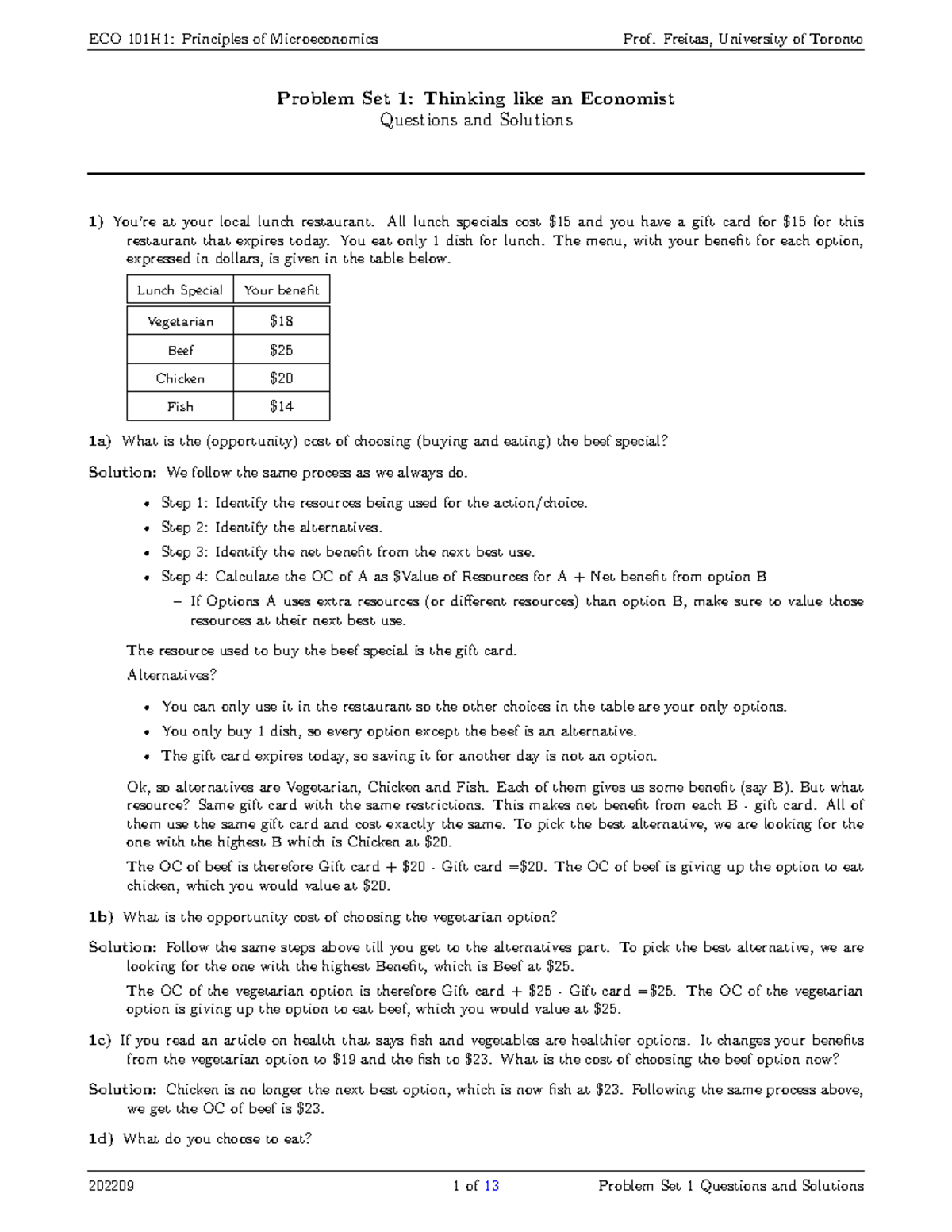 ECO101 PS1 Questions and Solutions - Problem Set 1: Thinking like an Economist Questions and ...