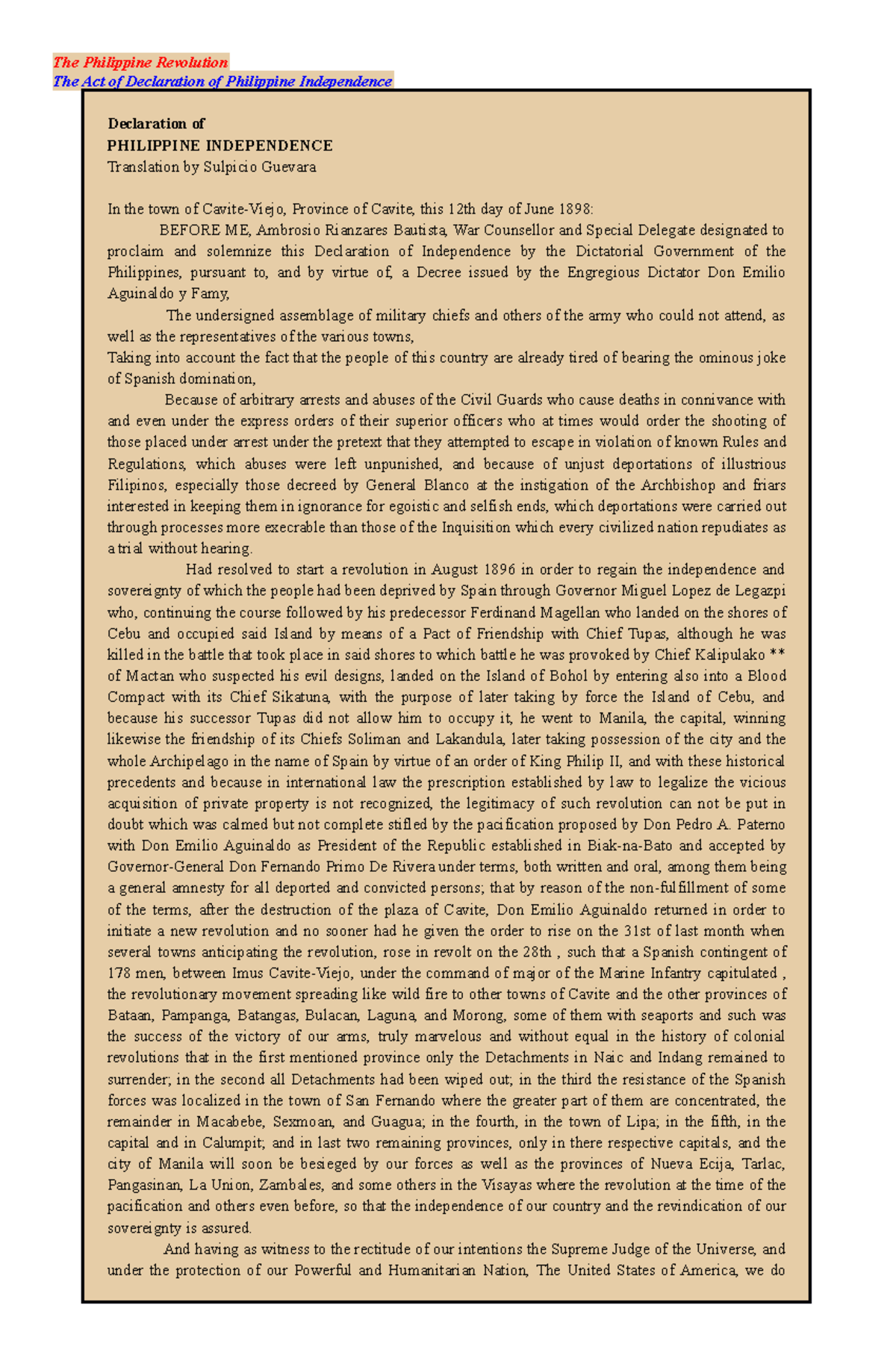 1898 Declaration of Philippine Independence - The Philippine Revolution ...