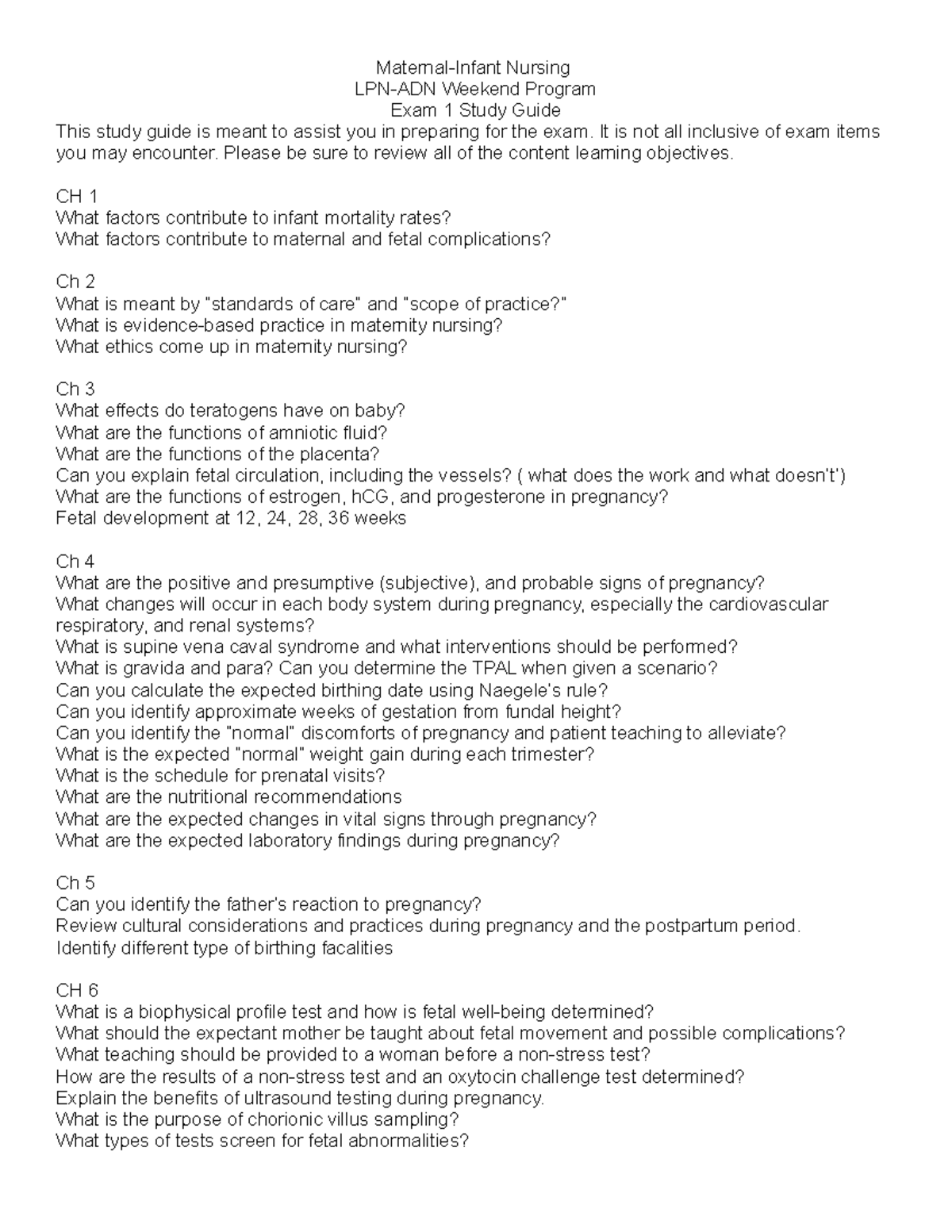 Studyguide 1[2251] - STUDY GUIDE - Maternal-Infant Nursing LPN-ADN ...