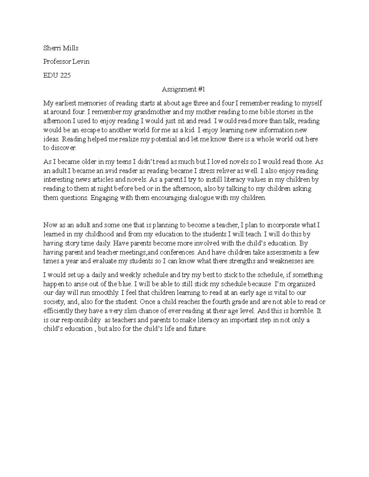 EDU225ONLN-Assignment^N 1 sm - Sherri Mills Professor Levin EDU 225 ...