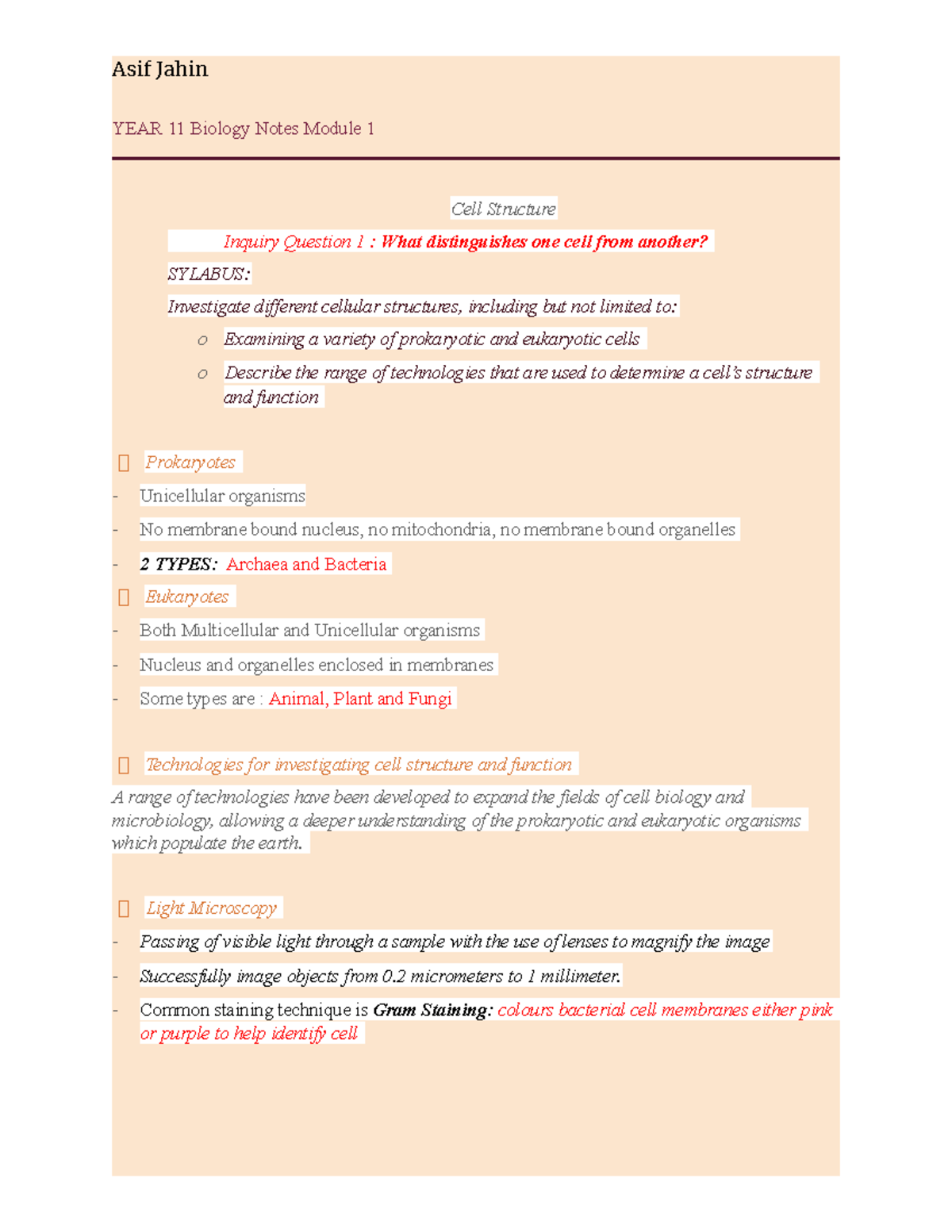 Module 1 Biology Notes - Asif Jahin YEAR 11 Biology Notes Module 1 Cell ...