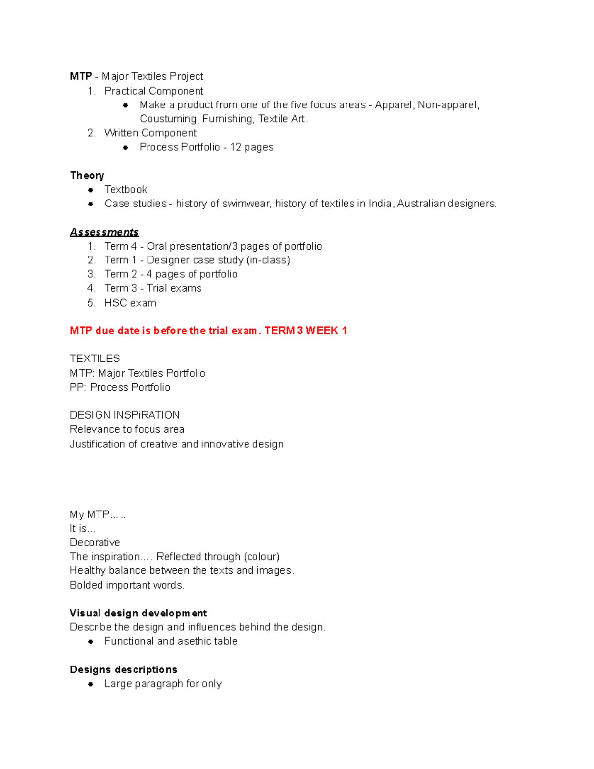 YR 12 Textiles Overview - MTP - Major Textiles Project 1. Practical ...