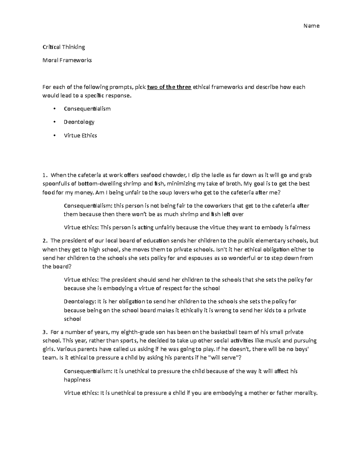 Worksheet - Moral Frameworks - Name Critical Thinking Moral Frameworks ...