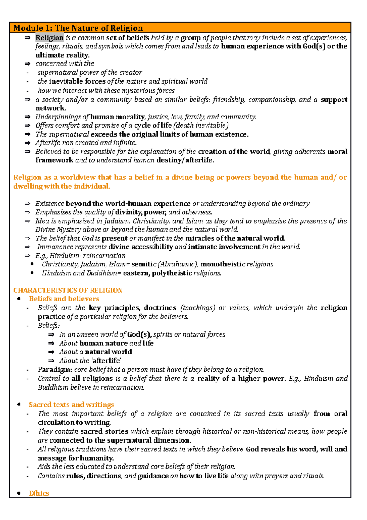 SOR notes - Module 1: The Nature of Religion Religion is a common set ...