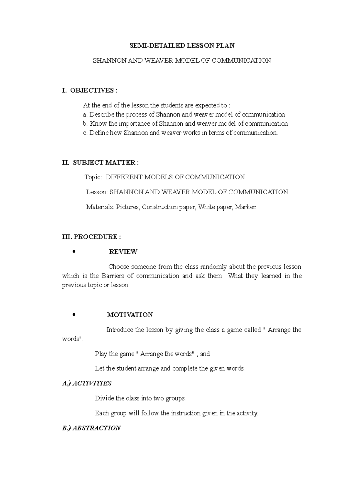 Shannon and Weaver Model of Communication - SEMI-DETAILED LESSON PLAN ...
