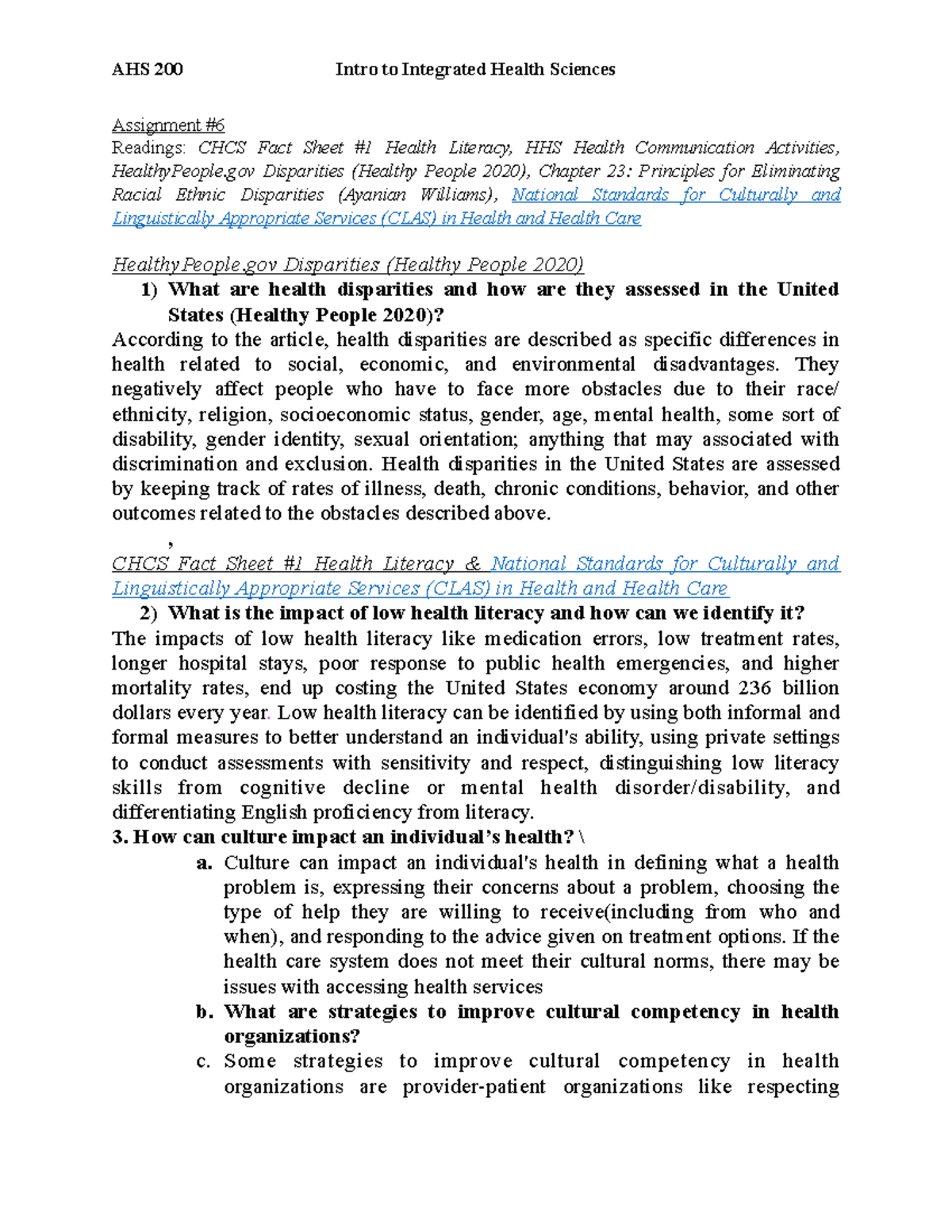 Assignment#6(1)PDF - homework #6 - AHS 200 Intro to Integrated Health ...