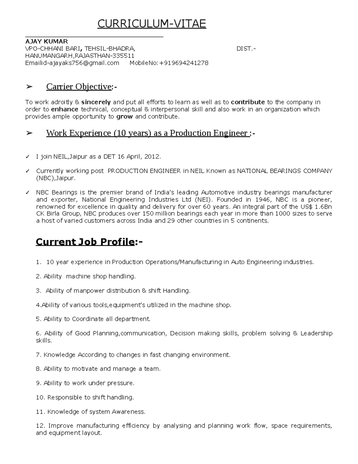 AJAY Kumar - uploading documents - CURRICULUM-VITAE AJAY KUMAR VPO-CHHANI BARI , TEHSIL - BHADRA ...