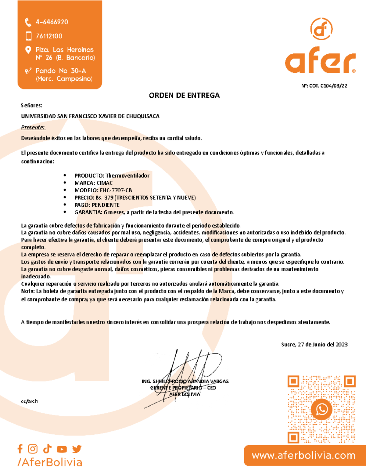 orden de entrega - N°: COT. C104/03/ ORDEN DE ENTREGA Señores ...