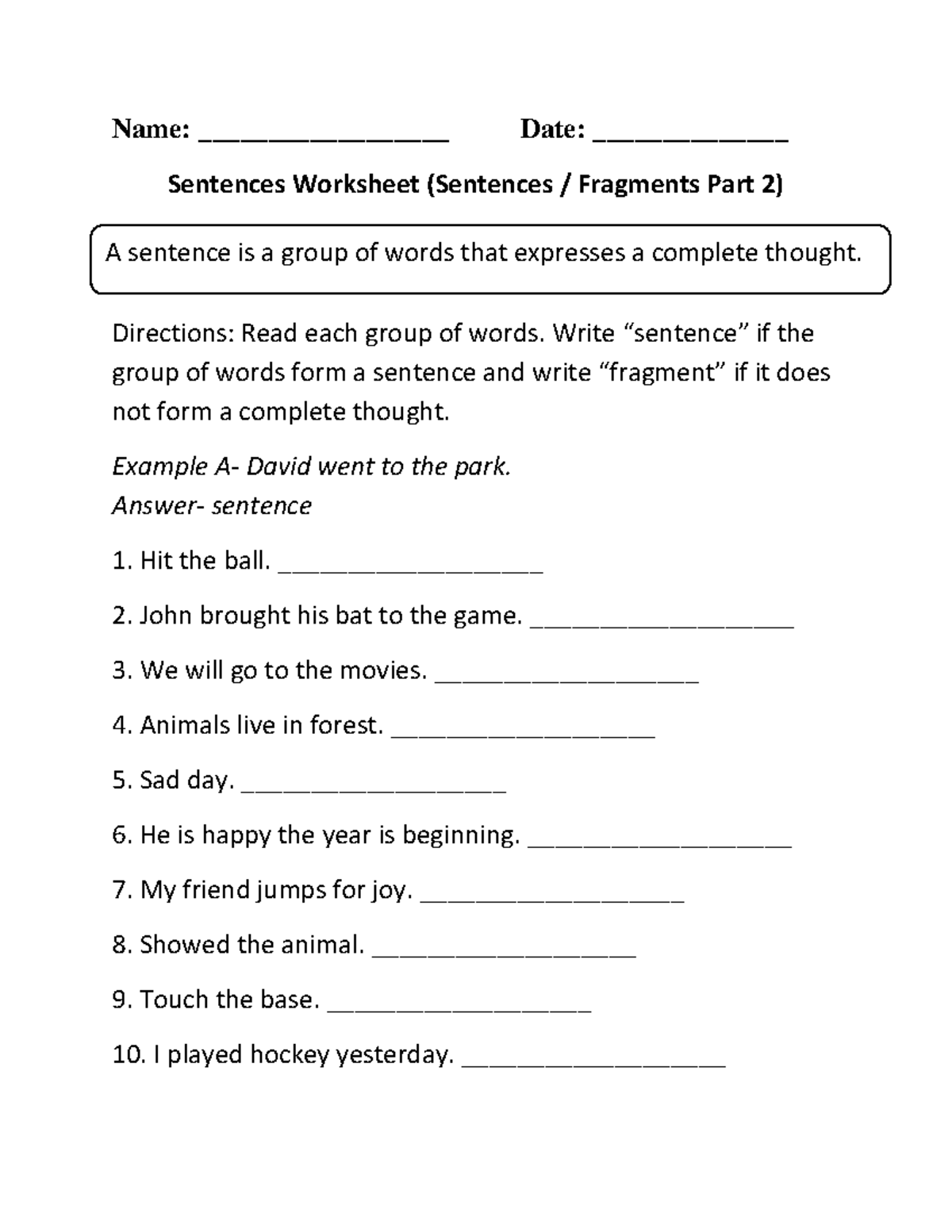Sentence Worksheet For Grade 4 Name Date