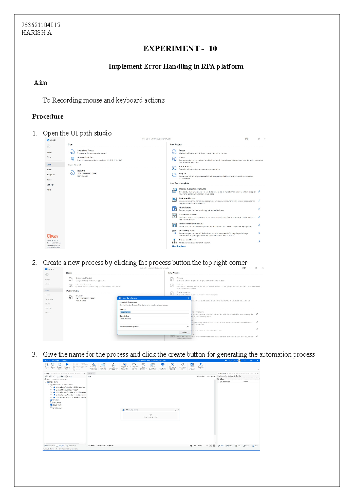 Experiment 10 - 953621104017 HARISH A EXPERIMENT - 10 Implement Error Handling in RPA platform ...