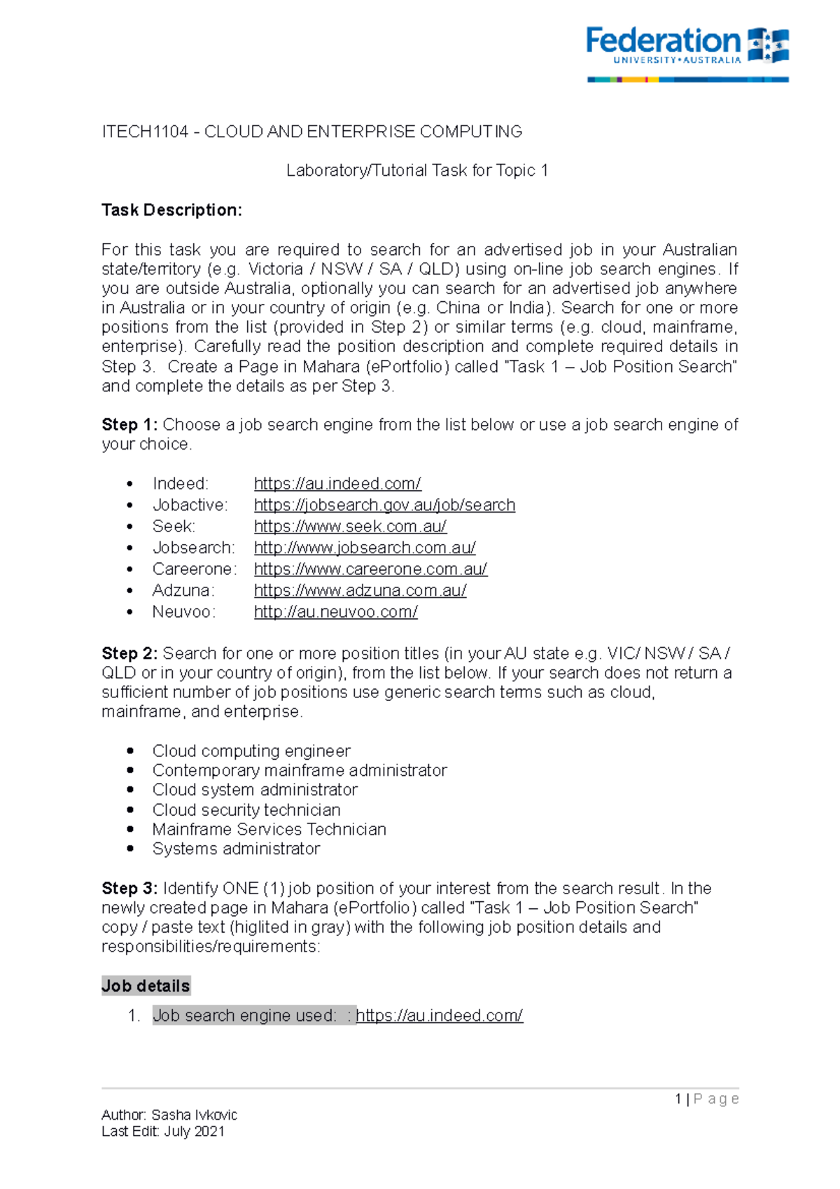 Lab Tutorial for Week 1 and 2 ITECH 1104 - ITECH1104 - CLOUD AND ENTERPRISE COMPUTING - Studocu