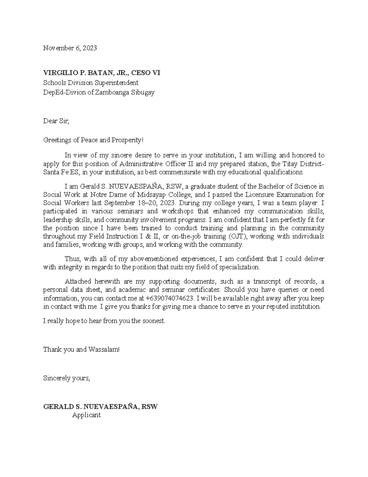 Nov. Application Letter to Dep ED - November 6, 2023 VIRGILIO P. BATAN ...