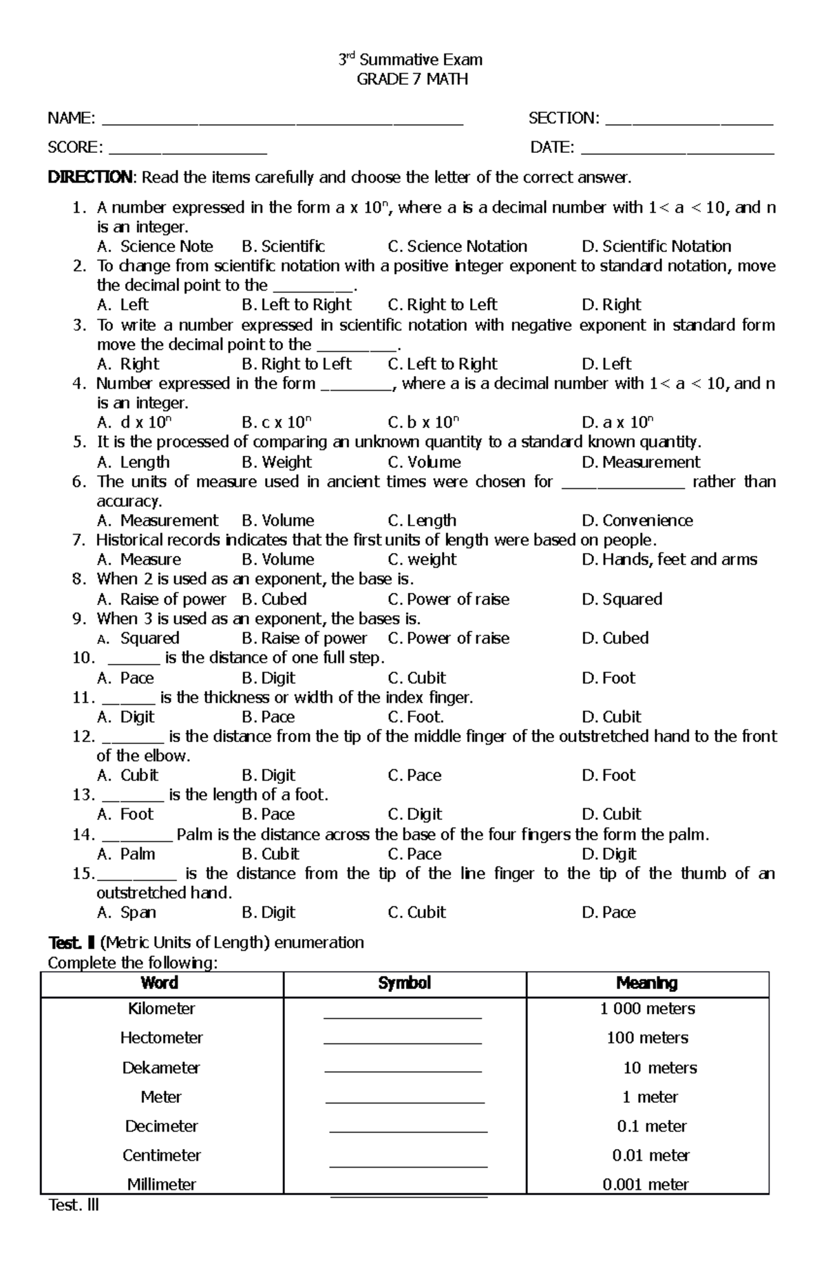 Grade 7 math - 12345 - 3 rd Summative Exam GRADE 7 MATH NAME: - Studocu