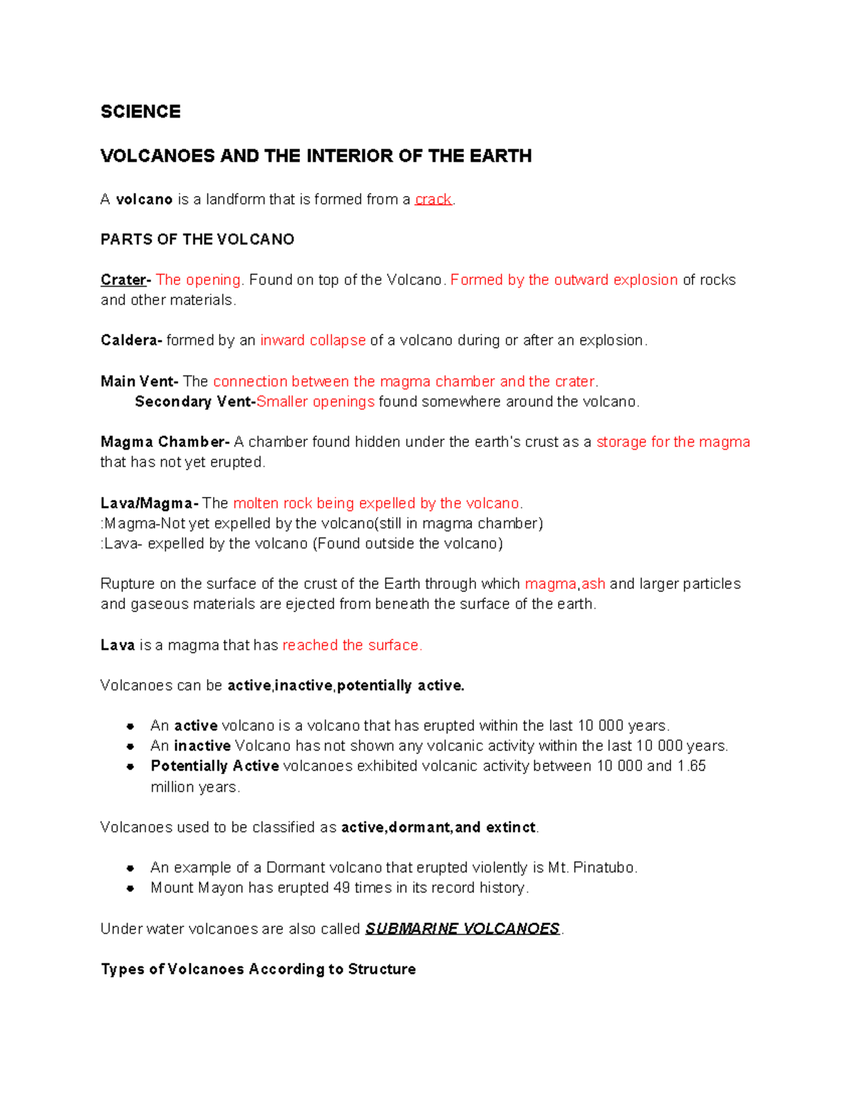 Science - SCIENCE VOLCANOES AND THE INTERIOR OF THE EARTH A volcano is ...