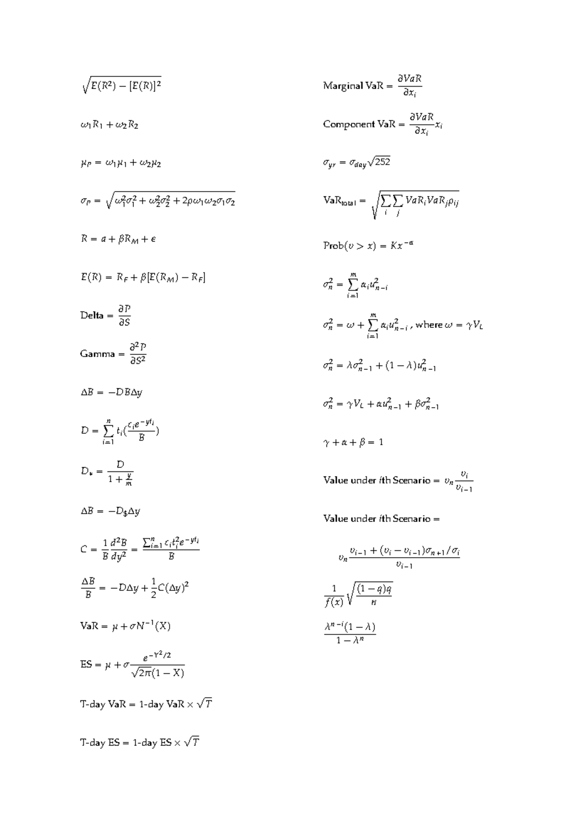 Formula sheet 18 - √ E(R 2 ) − [E(R)] 2 ω 1 R 1 + ω 2 R 2 μP = ω 1 μ 1 ...