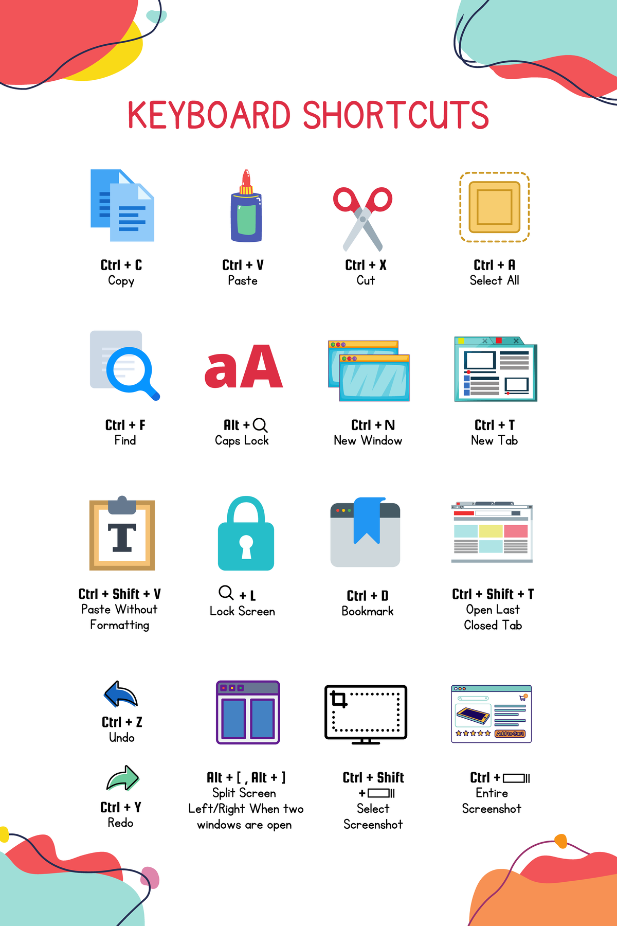 Keyboard Shortcuts Poster - Alt + Caps Lock + L Lock Screen Ctrl ...