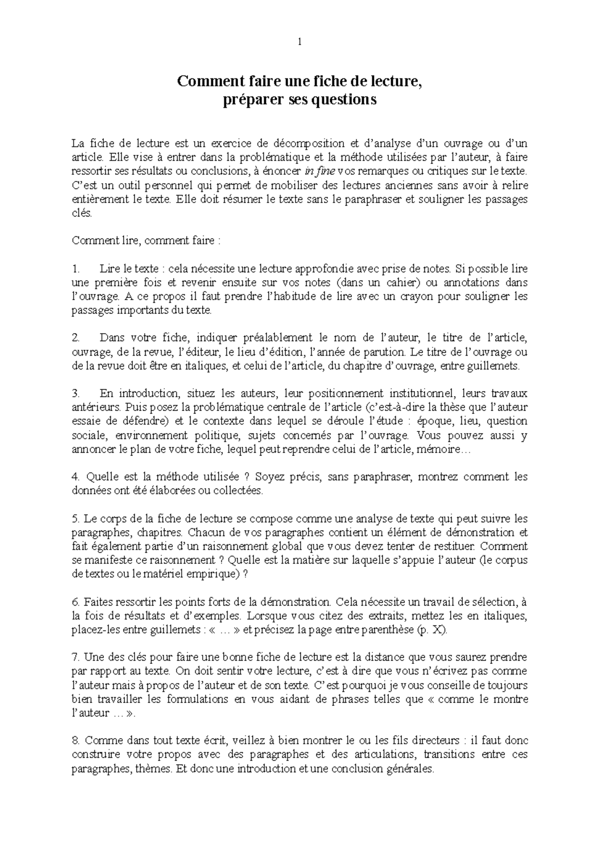 Consignes fiche de lecture, questions - 1 Comment faire une fiche de ...