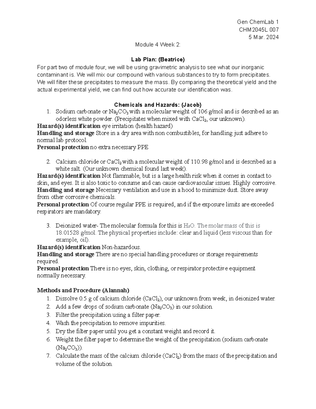 Module 4 week 2 - Gen ChemLab 1 CHM2045L 007 5 Mar. 2024 Module 4 Week 2: Lab Plan: (Beatrice ...
