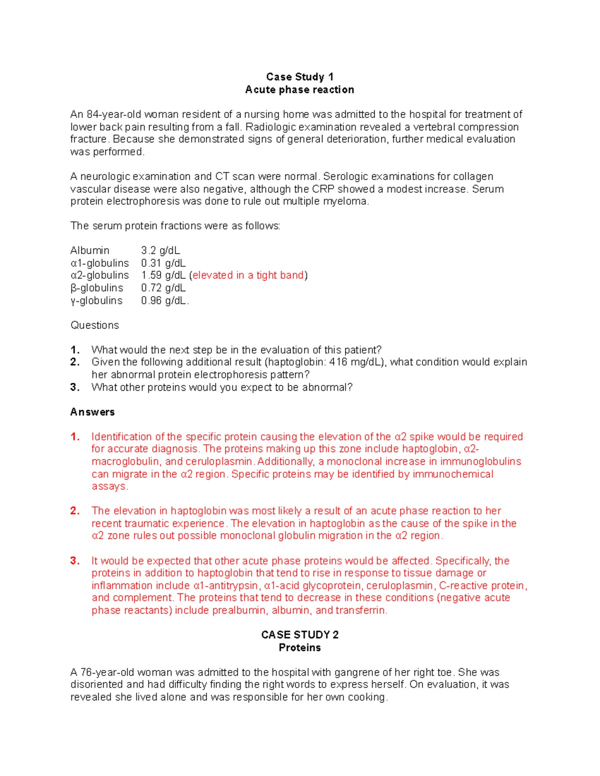 Protein CS w answers - Case Study 1 Acute phase reaction An 84-year-old ...