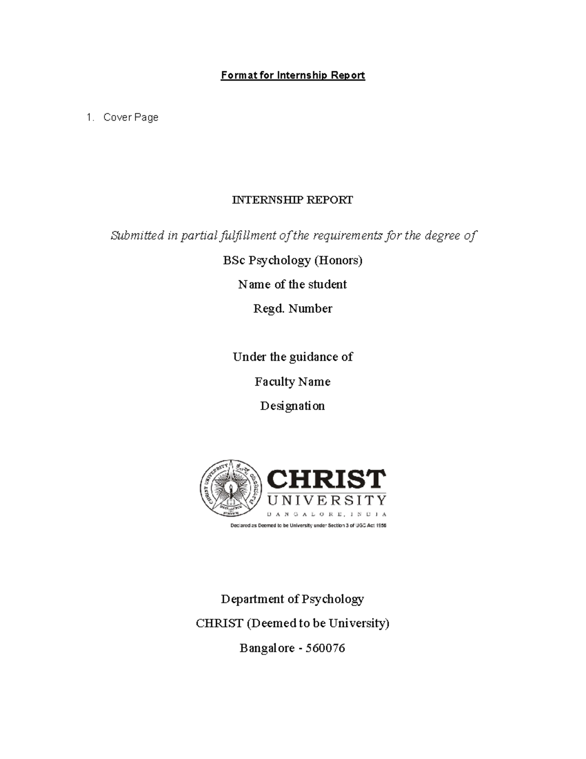 Format for Internship report - B.Sc Psychology Honors - Cover Page ...